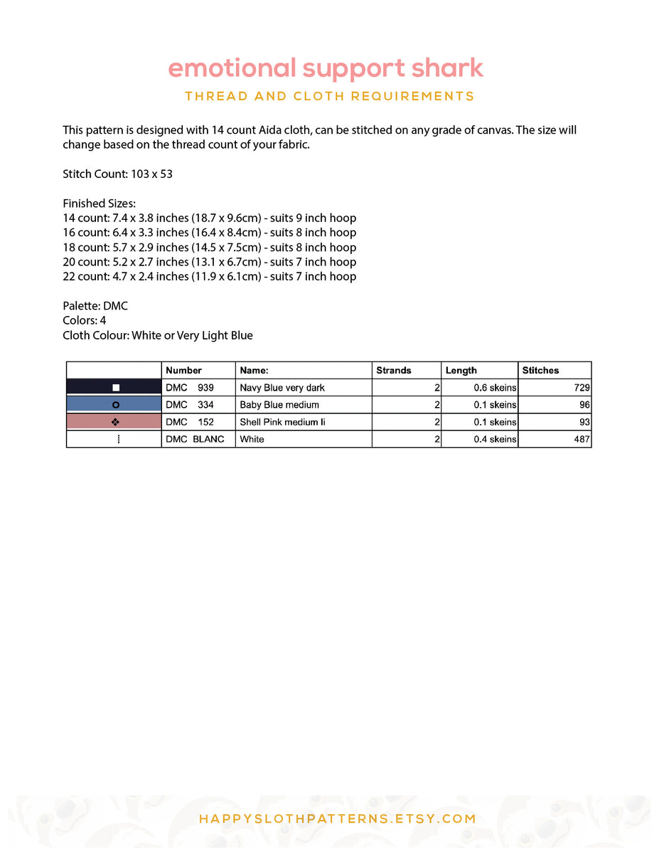 Emotional Support Shark Cross Stitch Pattern – Happy Sloth Patterns