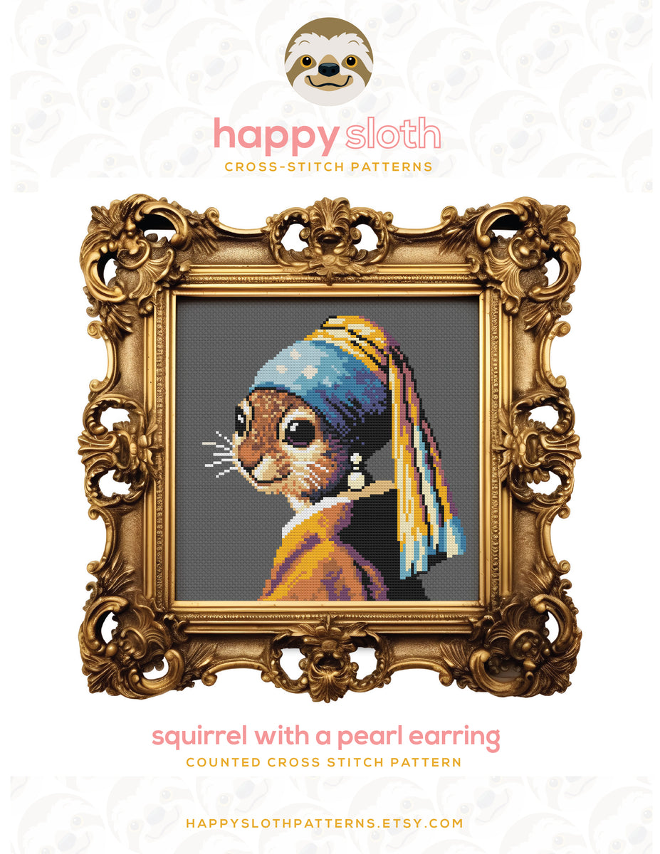 Squirrel with a Pearl Earring Cross Stitch Pattern – Happy Sloth Patterns
